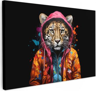 MuchoWow © Leinwand Groß 120x80 cm XXL Deko Schlafzimmer Aesthetic Leinwandbilder Wohnzimmer Gemälde Foto Geschenk Living Room Decoration Graffiti - Leopard - 