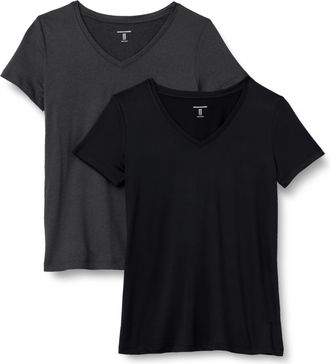 Amazon Essentials Damen Active Quick Dry Tech Stretch Kurzarm-T-Shirt mit V-Ausschnitt (in Übergröße erhältlich), 2er-Pack, Graphit Heide/Schwarz, XXL