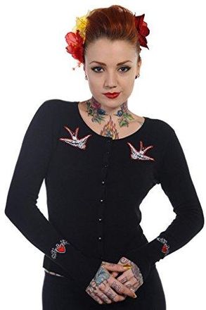 Banned Oiseau Hirondelle Rouge Cardigan Gilet Tricot de Années 50 - Noir (S - FR 36-38)