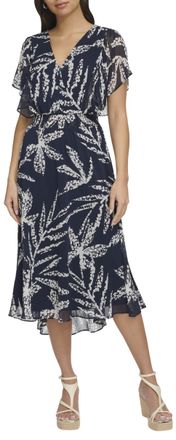 DKNY Womens Dresses,V-Neck Flutter Sleev, Navy/Ivory,0