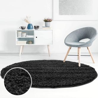 Carpet City ayshaggy Shaggy Teppich Hochflor Langflor Einfarbig Uni Schwarz Weich Flauschig Wohnzimmer, Größe: 160 x 160 cm Rund