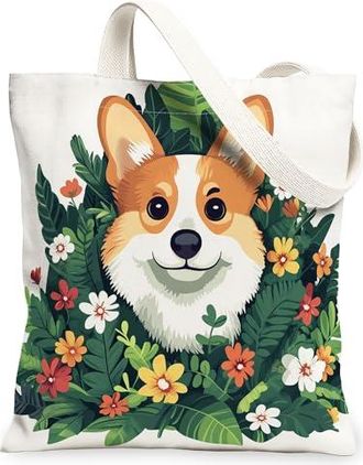 Generic Sac fourre-tout en toile motif chien corgi printanier 33 x 38,1 cm, sac d&eacute;picerie r&eacute;utilisable avec motif imprim&eacute; de plantes, fleurs, chiots pour femm