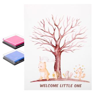 NUOBESTY Homoyoyo G&auml;stebuch mit Fingerabdruckbaum Satz f&uuml;r Gender Reveal Party Inklusive Poster Stempelkissen Blau Pink Kreatives Party Deko und Erinnerungsspi