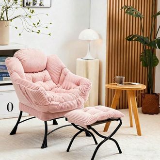 Generic Pink Lounge Chair with Ottoman - Modern Accent Chair with Armrests, Side Pocket & Footrest for Small Spaces