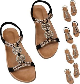 Generico Sandales dété confortables et plates pour femme Style bohème élégant Sandales rétro respirantes Chaussures de plage ou de fête Antidérapantes Sangle é