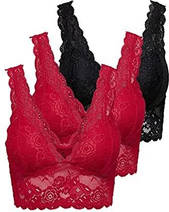 Only Lot de 3 bracelets en dentelle pour femme, Lot de 3 soutiens-gorge (2 rouges à haute risque, 1 noir), S