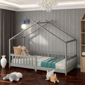 Generic Hausbett 200x90 cm in Grau | Vollholz mit Zaun & Lattenrost | Integrierter Rausfallschutz | Für Kinder- & Jugendzimmer (Grey)