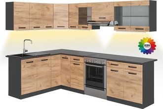 Vicco Eckk&uuml;che Rick, Goldkraft Eiche/Anthrazit, 167 x 60 cm, AP Schwarz Gemustert mit LED-Leisten