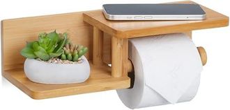 Relaxdays Toilettenpapierhalter mit Ablagen, für Handy, Ersatzrolle, Klopapierhalter Bambus, HBT: 9x31x12,5 cm, Natur