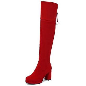 SJJH Bottes hautes &agrave; talon bloc | Bottes &eacute;l&eacute;gantes pour femme pour lautomne et lhiver, 8,5 cm de hauteur, doublure chaude, rouge, 46 EU