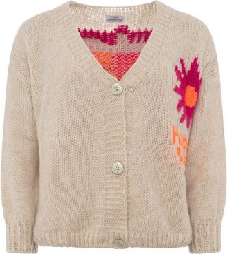Zwillingsherz Cardigan Happy Vibes Knopfleiste, gro&szlig;es Motiv mit Blume und Schrift hinten, One Size
