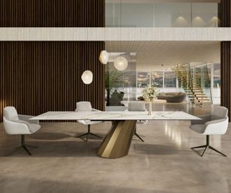 DELIFE Esstisch Edge 300x100 Keramik Calacatta Luxe Wei&szlig;-Gold-Grau Parabel Metallic Gold, Esstische