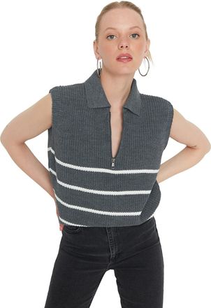 Trendyol Damen Striped Zipper Detailed Knitwear Sweater, Anthrazit, M