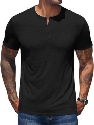 Coofandy Henley T-shirt &agrave; manches courtes pour homme - En coton l&eacute;ger - Avec boutonni&egrave;re - D&eacute;contract&eacute;, Noir, XXL