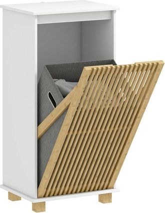 HOMCOM Meuble bas salle de bain - panier à linge amovible - tissu gris bambou blanc