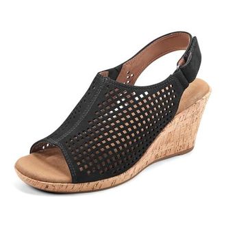 Rockport Womens Briah PERF Sling Wedge Sandal, Black Nubuck, 5 W US