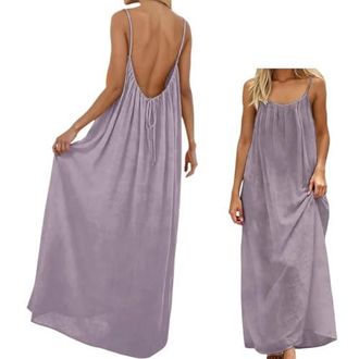 Generic Robe longue caraco dos nu pour femme, sans manches, couleur unie, dos ouvert, robe d&eacute;t&eacute; pour la plage, les vacances, la maison avec noeud dans le dos,