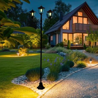 ETC Shop Gartenlaterne gro&szlig; f&uuml;r drau&szlig;en Kandelaber 3 flammig Au&szlig;en Solar Au&szlig;enlaterne Wegelampe, schwarz Eisen Alu, LED warmwei&szlig;, H 194 cm