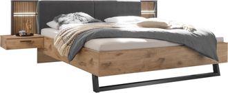 M&ouml;belando Bettanlage >Daria< Viking Oak / Graphit, 180x200 cm Liegefl&auml;che, gepolstertes Kopfteil in Cordoptik Graphit, Beleuchtung, inkl. Nachtkommoden, zerlegt