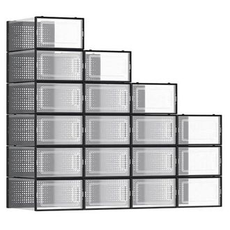 Songmics Schuhboxen, 18er Set, Schuh-Organizer aus Kunststoff, faltbar und stapelbar, f&uuml;r Schuhe bis Gr&ouml;&szlig;e 44, transparent-schwarz LSP18SBKV1