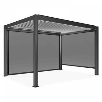 Oviala Pergola bioclimatique autoport&eacute;e motoris&eacute;e &eacute;clair&eacute;e 3x4m et 2 stores