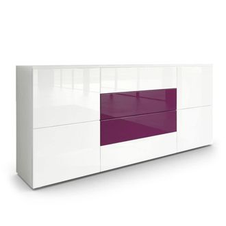 Vladon Sideboard Rova, Made in Germany, Kommode mit 4 T&uuml;ren und 4 Schubladen, Wei&szlig; matt/Wei&szlig; Hochglanz/Brombeer Hochglanz (166 x 72 x 35 cm)