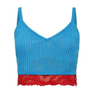 Versace Femme, Tops, Bleu, Taille: 42 FR D&eacute;bardeur c&ocirc;tel&eacute; en m&eacute;lange de viscose avec bordure en dentelle
