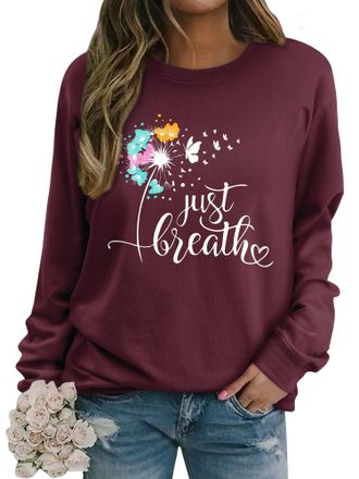 Dresswel Damen Löwenzahn Sweatshirt Langarmshirt Just Breath Pusteblume Schmetterling Drucken Pullover Herbst Winter Bluse Tops Oberteile