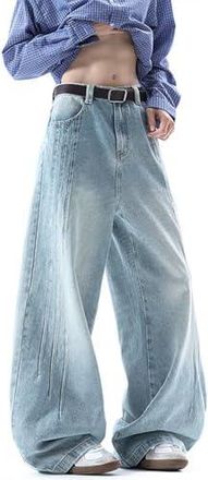 Generico Jeans pour homme de style Hip Hop Baggy Jambe Large Style Ann&eacute;es 00 Jeans de Skater avec D&eacute;tails Distressed Pantalon Cargo en Denim &Eacute;lastique Streetwe