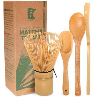 BambooMN Brand - 1 Set - Golden Chasen (Tea Whisk) + Chashaku (Hooked Bamboo Scoop) for preparing Matcha + Tea Spoon by BambooMN