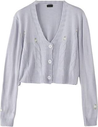 Generic Cardigan cor&eacute;en tricot&eacute; &agrave; col en V pour femme - Manches longues - D&eacute;contract&eacute;, violet, Taille XS