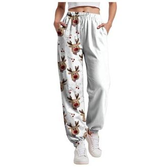 Generic Pantalon de Noël confortable pour femme, jogging élastique taille haute avec imprimé festif, pantalon de survêtement ample avec cordon de serrage pour