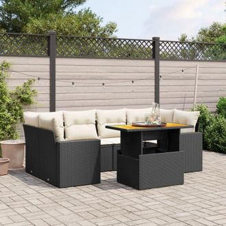 vidaXL 7-tlg. Garten-Sofagarnitur mit Kissen Schwarz Poly Rattan - Vidaxl