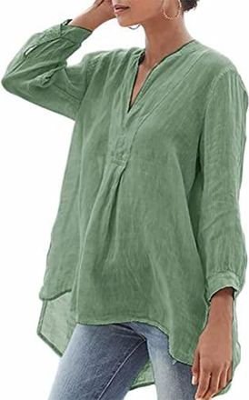 Onsoyours Chemisier Femme Chic Sexy Chemise en Coton Lin à Manche Longue Décontracté Blouse Ample à Col Rond Tunique Printemps Eté Top Hauts B Vert XXL