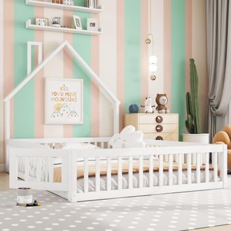 Merax Kinderbett Bodenbett 140x200 cm Hausbett mit Rausfallschutz & Lattenrost, Schornsteinform, öffnbarem Zaun - Montessori Bett, Jugendbett, Holz Bettgest