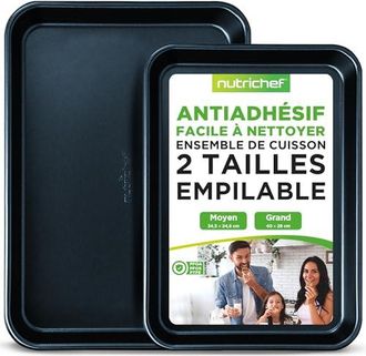 Nutrichef Lot de 2 Plaques &agrave; Four Antiadh&eacute;sives - 38x28 cm et 33x23 cm - Plaques P&acirc;tisserie Acier Carbone avec Rev&ecirc;tement Non Toxique - R&eacute;sistantes au Lave-Vais