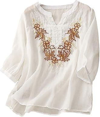 Generic Haut &agrave; manches 3/4 pour femme - Broderie vintage - Manches 3/4 - Manches courtes - D&eacute;contract&eacute; - Tendance - Chemisier boh&egrave;me, blanc, XXL