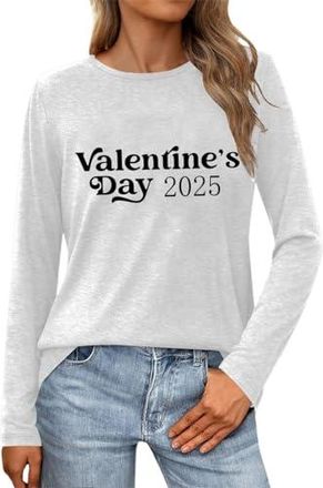Generic T-shirt &agrave; manches longues et col rond imprim&eacute; coeur pour femme 2026 Saint-Valentin, blanc, XXL