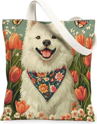 Generic Sac fourre-tout en toile motif chien samoy&egrave;de de printemps 33 x 38,1 cm, sac &agrave; bandouli&egrave;re r&eacute;utilisable pour femme, peinture danimaux domestiques, d&eacute;c