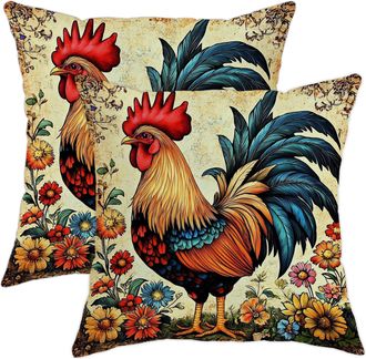 Generic Kissenbezüge mit Hahn-Motiv, bunt, Bauernhaus, dekorative Kissen, Frühlingsblumen, Heimdekoration für Couch, Sofa, Bett, 40,6 x 40,6 cm, 2 Stück