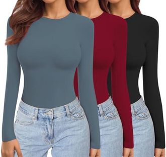 Ekouaer Chemises Thermiques à Manches Longues pour Femmes Hauts Basiques à Col Rond 3 Pièces sous Vêtement Hiver T-Shirt Noir + Rouge + Bleu Marine XS