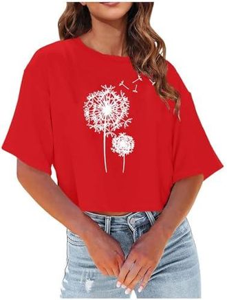 Generic Haut court &agrave; manches courtes pour femme &agrave; col rond 2025 - D&eacute;contract&eacute; - Demi-chemises de sortie - Coupe ample - Tendance - Joli t-shirt d&eacute;t&eacute;, Rouge, X