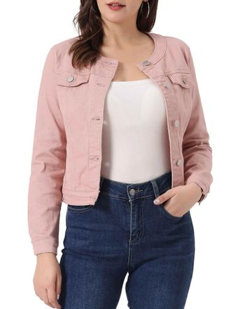 Allegra K Damen Langarm Kragenlos Knopfleiste Jeansjacke Denim Jacke Altrosa XS