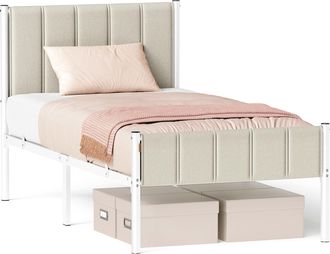 Vasagle Einzelbettgestell, Bettgestell, 90 x 200 cm, mit gepolstertem Kopfteil, Bettrahmen, Stahl, tr&auml;gt bis zu 250 kg, einfache Montage, cappuccinobeige RMB9