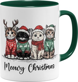 OM3 Meowy Christmas Kaffee-Tasse mit s&uuml;&szlig;en K&auml;tzchen - Weihnachtstasse 4 niedliche Katzen - Keramik Becher - 325ml - Beidseitig Bedruckt - Gr&uuml;n
