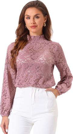Allegra K Damenbluse aus floraler Spitze, Stehkragen, Langarm, halbtransparent, schick, elegant, Grau / Rosa, X-Large