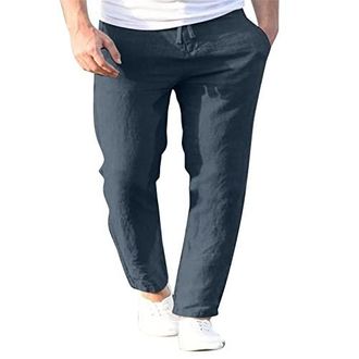 Generic Pantalon surdimensionn&eacute; en coton et lin pour homme - Pantalon de printemps et d&eacute;t&eacute; d&eacute;contract&eacute; - Peinture de couleur unie - Pantalon ample grande tail