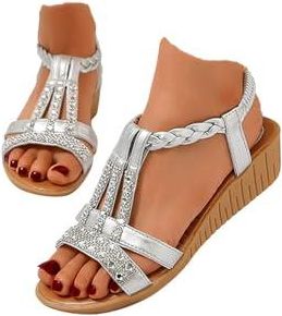 Generic Sandales compens&eacute;es pour femme 2026, strass scintillants, bride en T, sandales plates &agrave; bout ouvert, sandales orthop&eacute;diques habill&eacute;es avec sangle de c