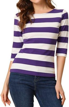 Allegra K T-Shirt &Agrave; Rayures Coupe Ajust&eacute;e &Agrave; Manches 3/4 de No&euml;l pour Femmes Violet Blanc L