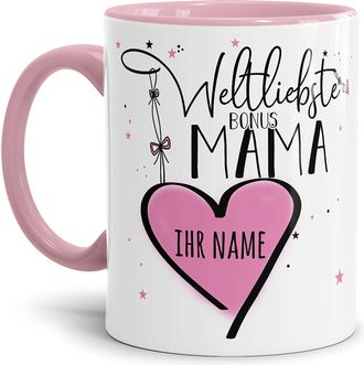 Tassendruck Keramik Tasse - Weltliebste Bonusmama - zum selbst gestalten mit Name - Geschenk für die beste Bonusmama - Innen & Henkel Rosa, 300 ml